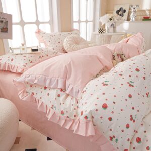 MKXI Strawberry Comforter Set Twin XL Pink White Floral Comforters Kawaii Fruits Artistic Bedding Set Princess Twin Bed Comforter with Ruffles Girls Pink Flowers Bedding Comforter Duvet Set