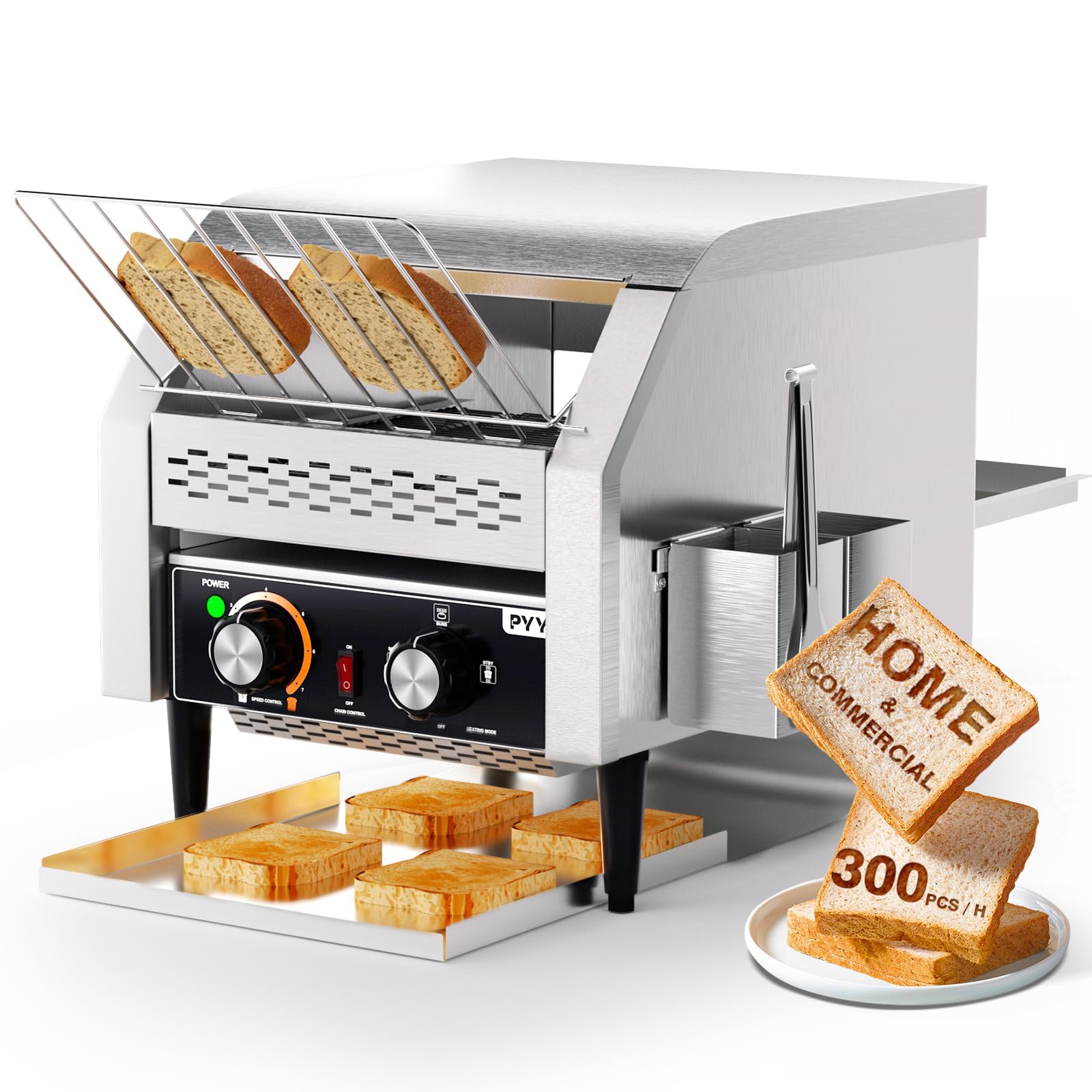 PYY Commercial Conveyor Toaster - 300 Slices/Hour Restaurant Toaster for Bun Bagel Bread, Heavy Duty Stainless Steel Conveyor Toaster