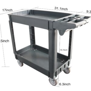 HIGOOD Utility Service Cart, 2-Shelf 500LBS Heavy Duty Plastic Rolling Utility Cart with 360° Swivel Wheels, Lipped Shelves, Ergonomic Storage Handle for Warehouse/Garage