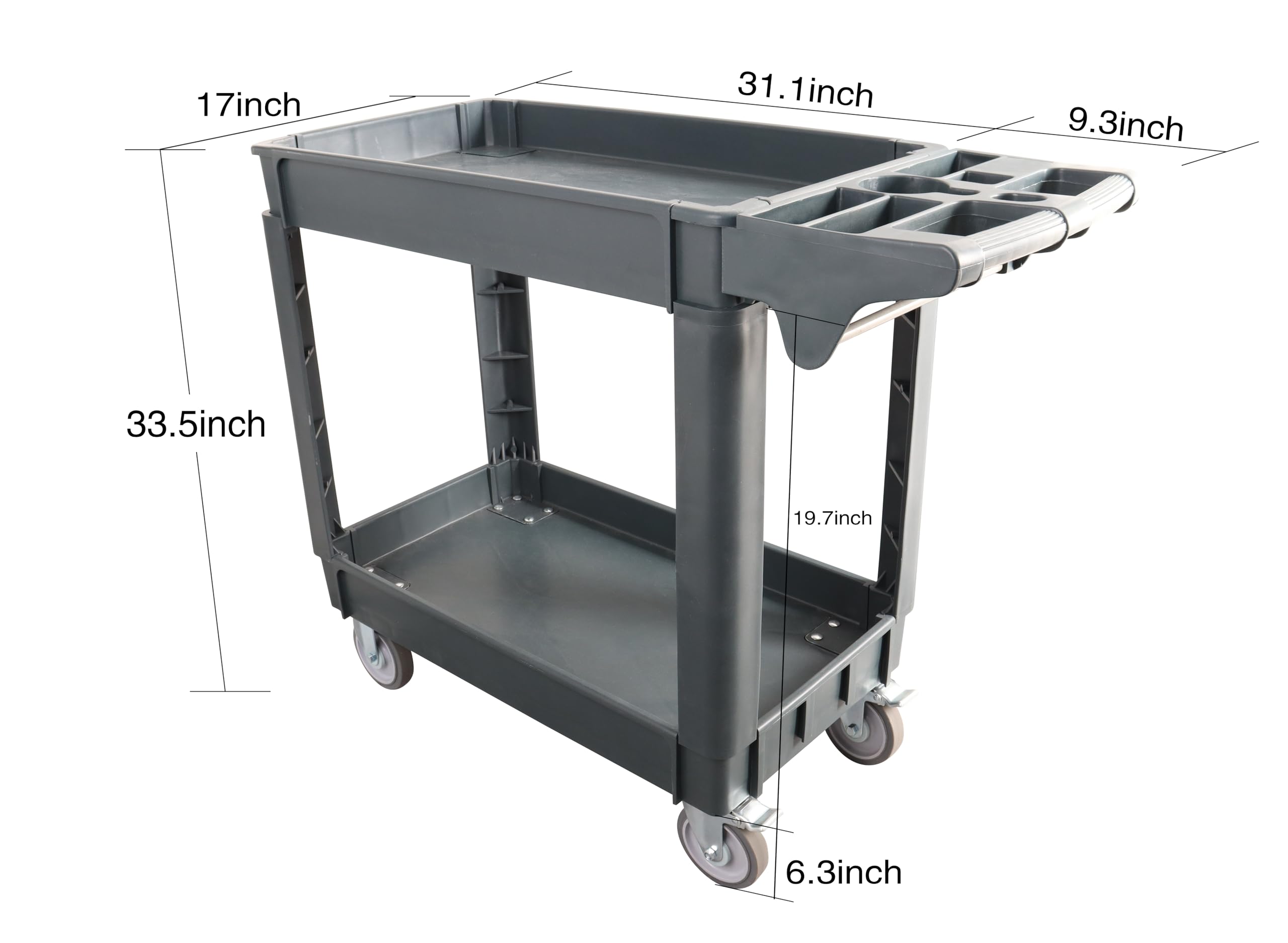 HIGOOD Utility Service Cart, 2-Shelf 500LBS Heavy Duty Plastic Rolling Utility Cart with 360° Swivel Wheels, Lipped Shelves, Ergonomic Storage Handle for Warehouse/Garage