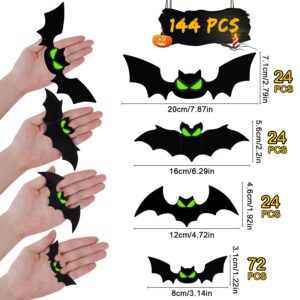 FOPINOA 3D Bats Wall Decor, 144 PCS Glow in The Dark Halloween Bats 4 Size Glow Bats Decorations Sticker Decals for Halloween Home Room Wall Decoration