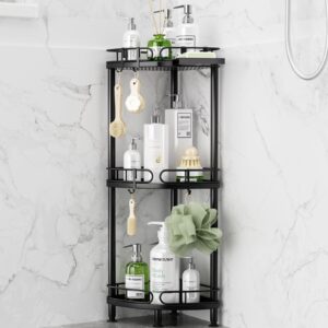 swtymiki corner shower caddy standing - 3 tier stainless steel shower organizer stand with 4 hooks & soap holder, rustproof metal standing tall floor shower shelf and bathroom organizer, black