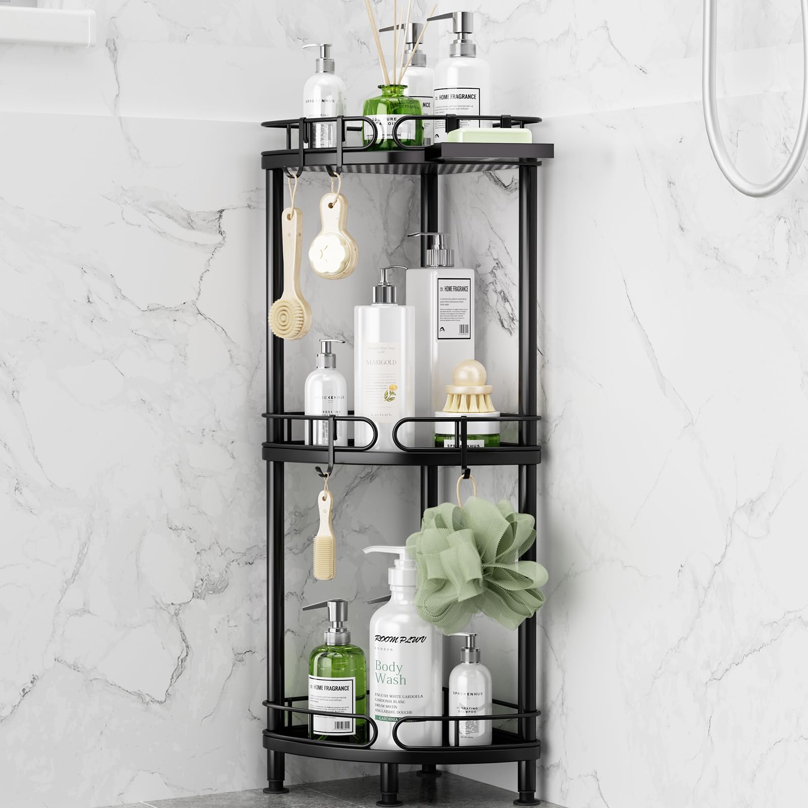 SWTYMIKI Corner Shower Caddy Standing - 3 Tier Stainless Steel Shower Organizer Stand with 4 Hooks & Soap Holder, Rustproof Metal Standing Tall Floor Shower Shelf and Bathroom Organizer, Black