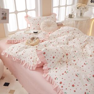 MKXI Strawberry Comforter Set Twin XL Pink White Floral Comforters Kawaii Fruits Artistic Bedding Set Princess Twin Bed Comforter with Ruffles Girls Pink Flowers Bedding Comforter Duvet Set