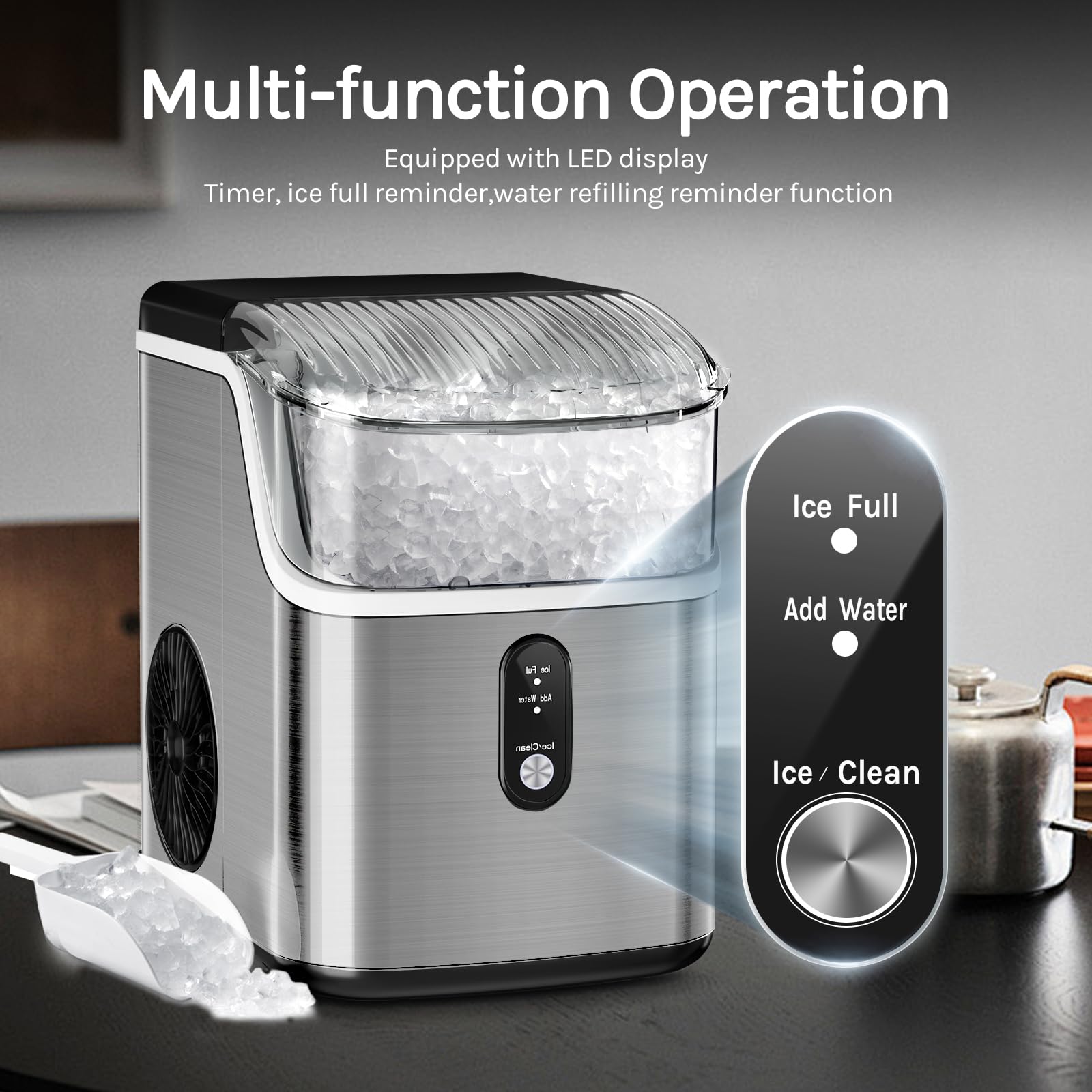 LHRIVER Nugget Ice Maker Contertop, Pebble Ice Maker Machine with Self-Cleaning, 35Lbs/24H, One-Click Operation, Sonic Ice Maker with Ice Scoop&Basket, Ideal for Home/Kitchen/Office, Stainless Steel