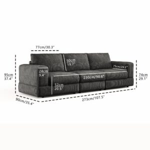 ATJafurn 107'' Black 3 Seater Modern Sofa Couch, Corduroy Fabric Upholstered Sofa with Cushion and Pillows for Living Room Apartment (Black, 3 Seater)