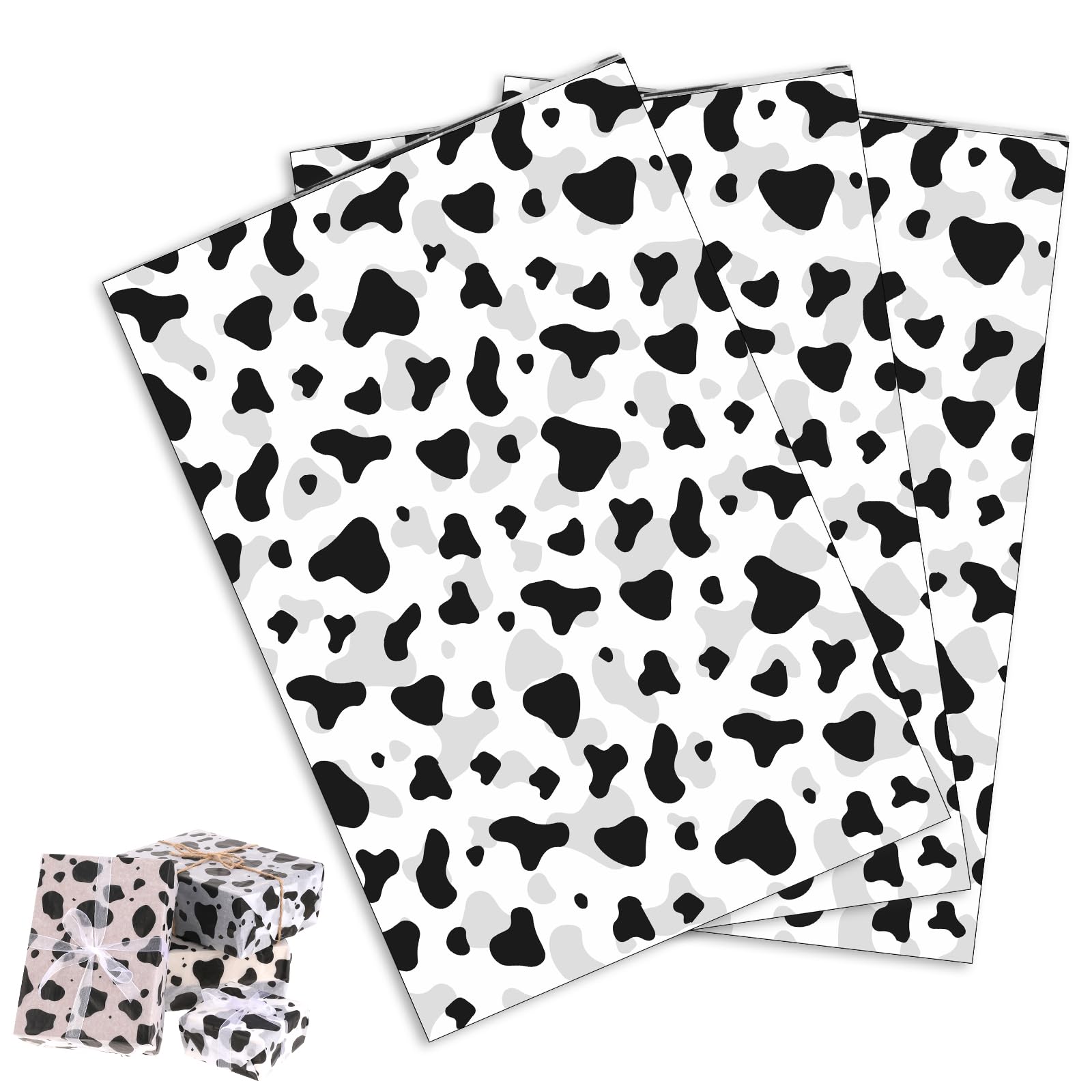 50 Sheets Cow Print Tissue Paper, 14 x 20 inch Gift Wrapping Paper, Cow Print Wrapping Paper for Gift Bags, Black and White Spots Print Tissue Paper for Cow Party Gift Packing DIY Decoration