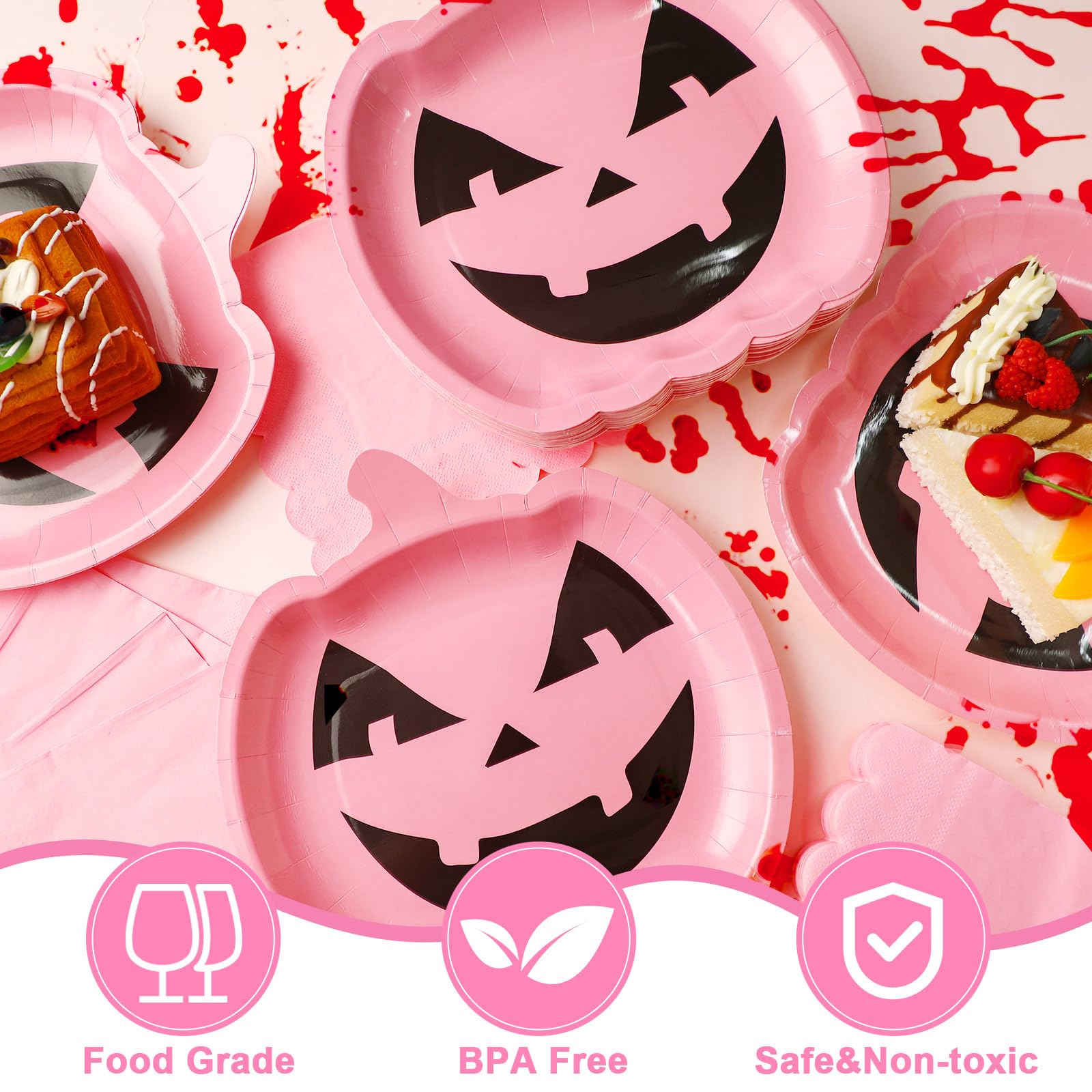 Zhehao 100pcs Halloween Pink Pumpkin Plate Party Dinnerware Set Pink Pumpkin Shaped Disposable Paper Plates Napkins Halloween Disposable Tableware Party Supplies for Holiday Birthday Party Supplies