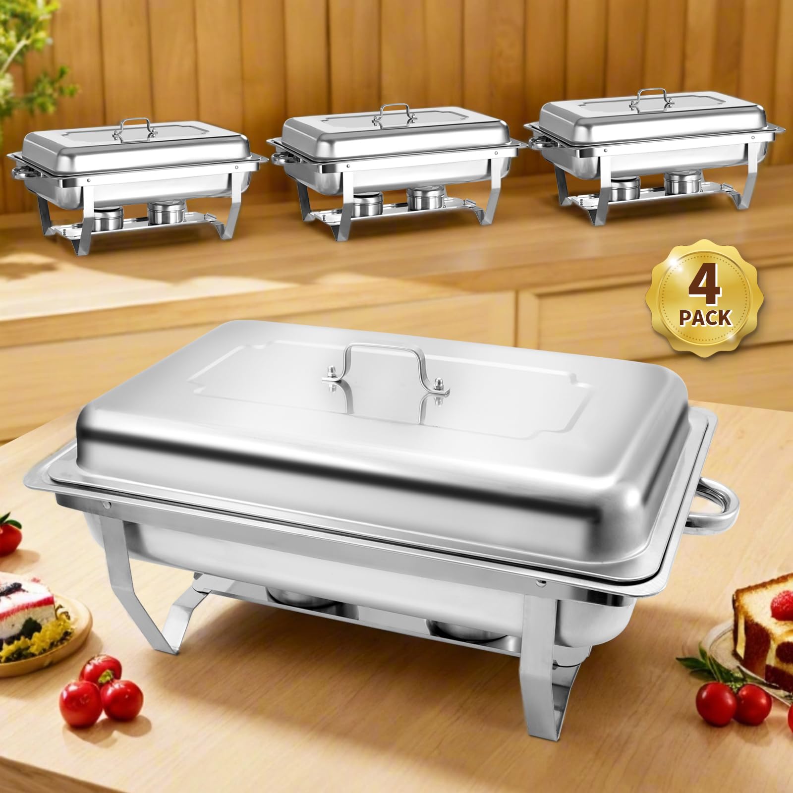 Jacgood 8 Qt 4 Pack Full Size Stainless Steel Chafing Dishes Buffet Set, Silver Rectangular Catering Chafer Warmer Set with Trays Pan Lid Folding Frame Stand for Kitchen Party Banquet Dining