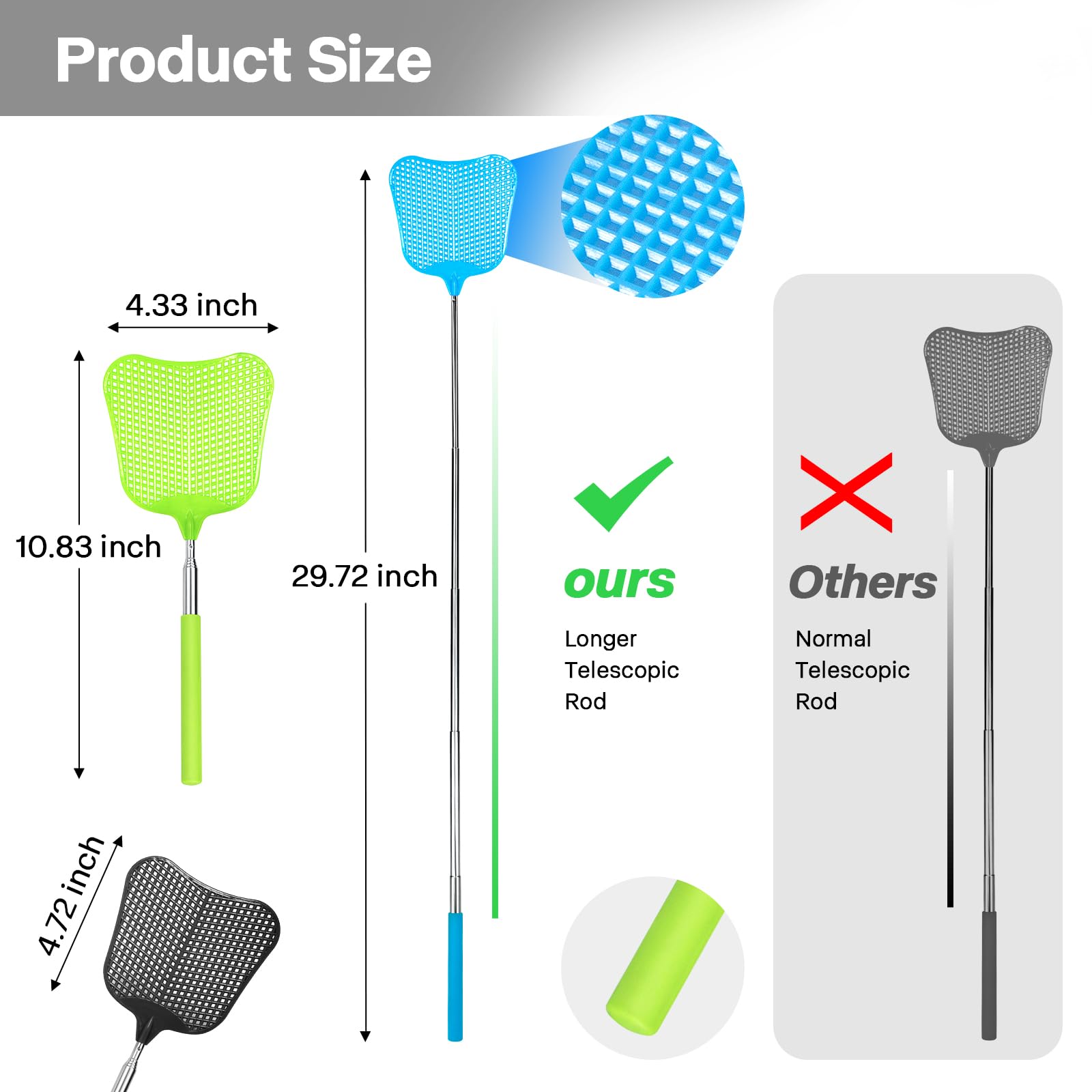 Telescopic Fly Swatter, Hiway 3 Pack Fly Swatter for Indoors Plastic Flyswatter Heavy Duty with Stainless Steel Telescopic Handle