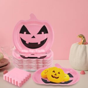 Zhehao 100pcs Halloween Pink Pumpkin Plate Party Dinnerware Set Pink Pumpkin Shaped Disposable Paper Plates Napkins Halloween Disposable Tableware Party Supplies for Holiday Birthday Party Supplies