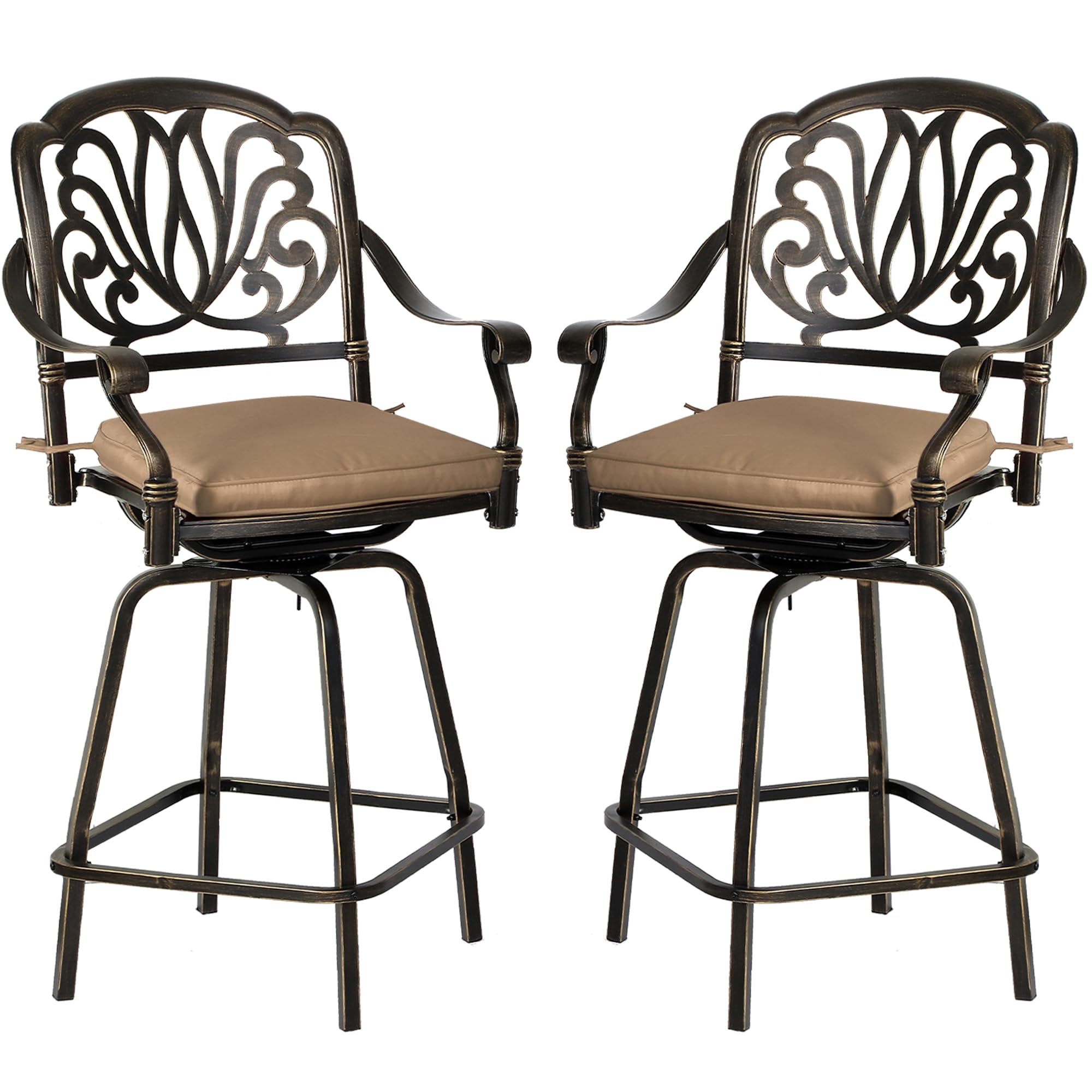 Grepatio Outdoor Cast Aluminum Swivel Bar Stools Set of 2, Patio Height Bartools Chairs, 2 Piece Patio High Dining Bistro Chairs for Garden Backyard with Cushion (Khaki)