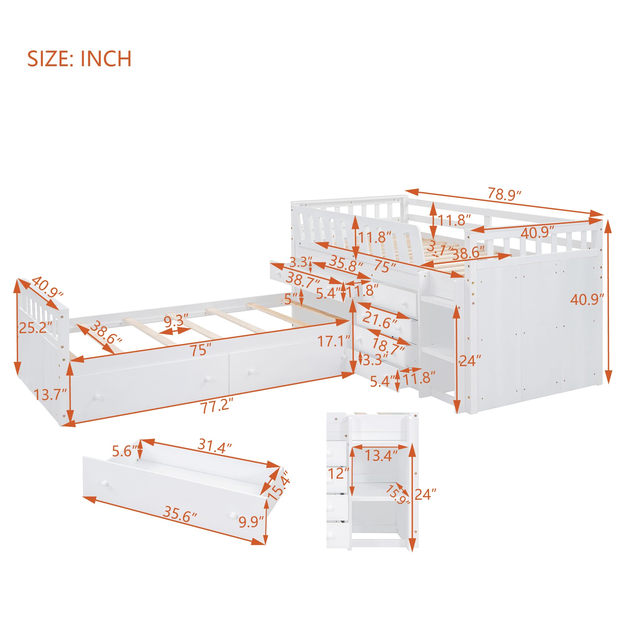 MERITLINE Twin Size Low Loft Bed and Twin Platform Bed Set, Solid Wood L-Shaped Kids Beds Frame with 7 Storage Drawers and Full Guardrails, Space-Saving 2 Beds for Girls Boys,White