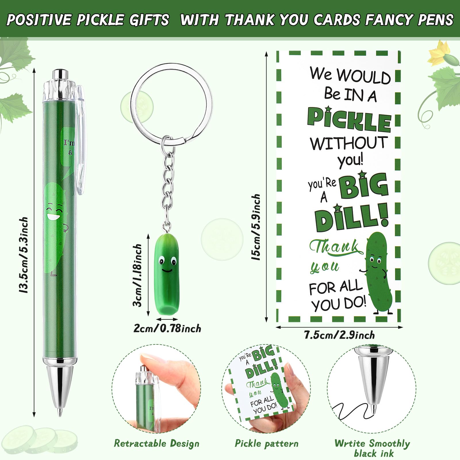 Sayglossy 20 Sets Employee Appreciation Gifts Positive Pickle Keychain with Thank You Cards Fancy Pens Emotional Support Pickle Bulk Inspirational Gifts Bulk for Pickle Lover Employees Coworkers