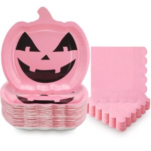 zhehao 100pcs halloween pink pumpkin plate party dinnerware set pink pumpkin shaped disposable paper plates napkins halloween disposable tableware party supplies for holiday birthday party supplies