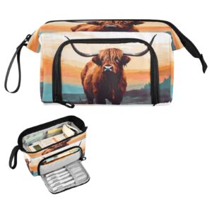 Emelivor Scotish Highland Cow Pencil Case Large Capacity Pencil Pouch Bag with Compartmens Pen Bag Case with Zipper Stationery Bag Pencil Organizer for College School Supplies Office Kids