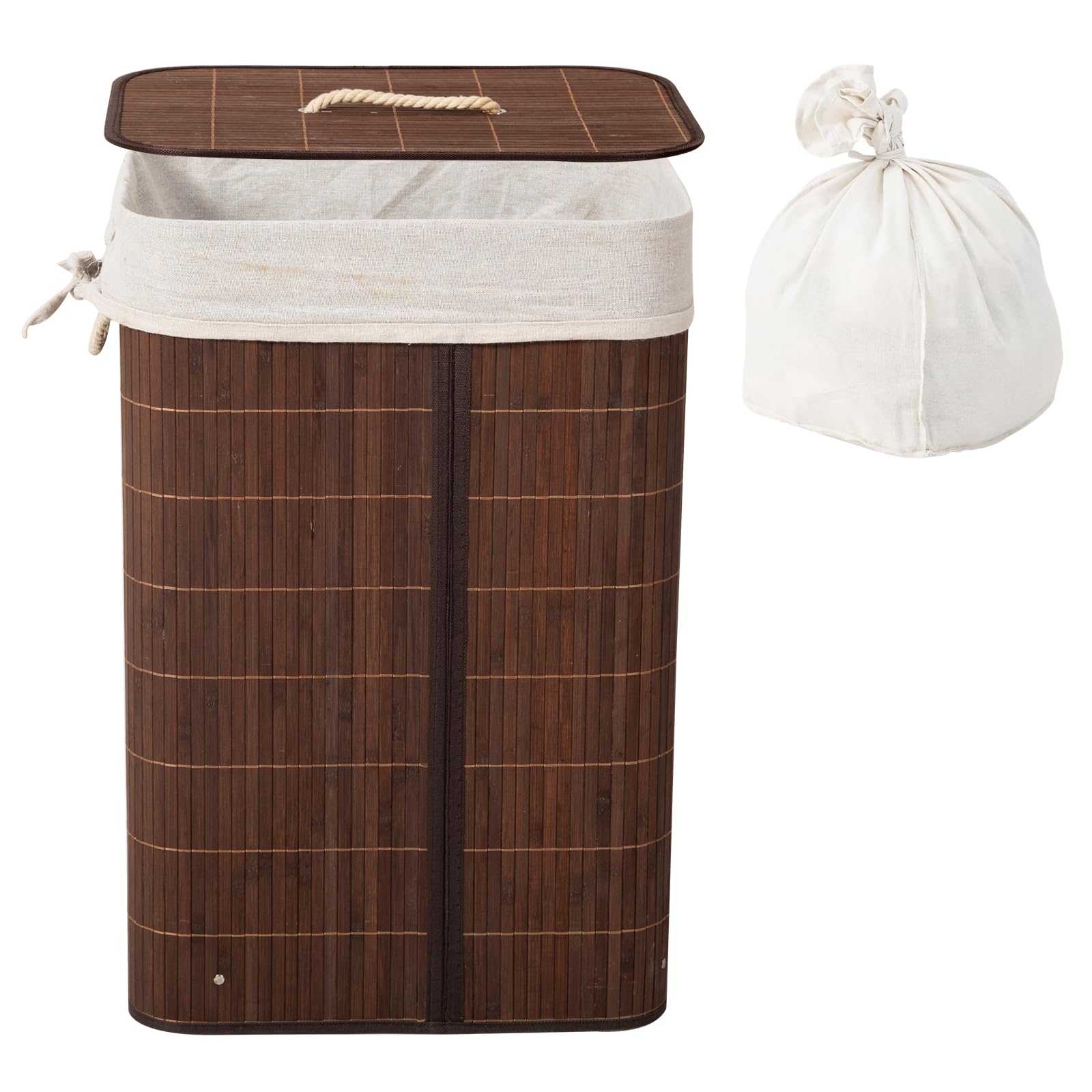 Btamree Laundry Hamper with Lid, Bamboo Laundry Basket with Handles & Removable Liner, 19 Gal (72L) Foldable Laundry Hamper for Laundry Room, Bedroom, Bathroom, Living Room (Square Brown)