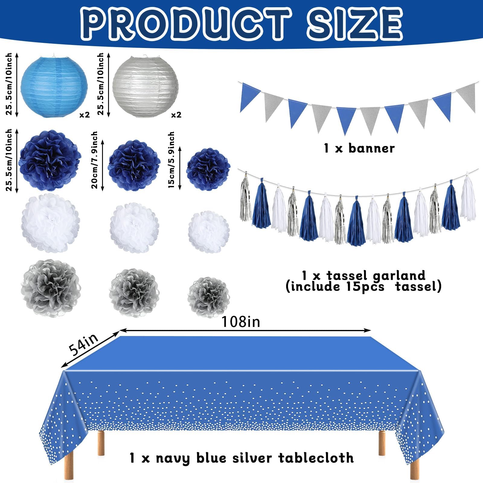 Navy Blue White Silver Graduation Party Decorations 30Pcs Birthday Blue White Banner Paper Lanterns Tissue Pom Poms Garland Streamers Dot Tablecloth for Boy Girl Baby Bridal Shower Wedding Supplies