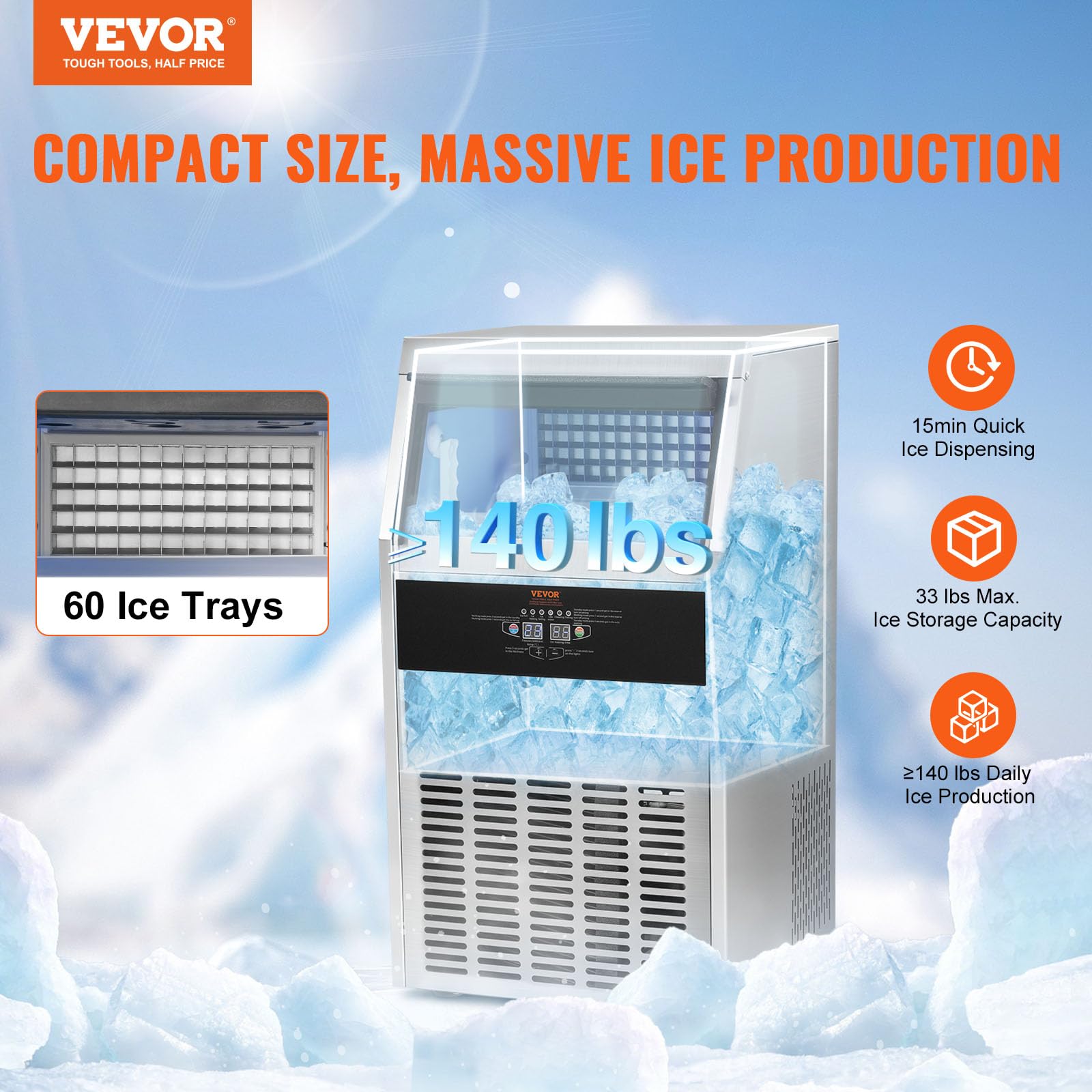 VEVOR Commercial Ice Maker Machine, 140lbs/24H Ice Maker Machine with 33lbs Storage Capacity, 60 Ice Cubes in 12-15 Minutes, LED Digital Display Commercial Ice Maker for Bar Home Office Restaurant