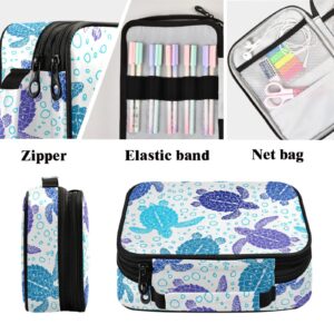 FOLIOSA Blue Sea Turtle Pencil Case Multiple Elastic Slots Holds 64 Watercolor Pens or 96 Colored Pencils Waterproof Large Capacity 10×7.7×3.5 in