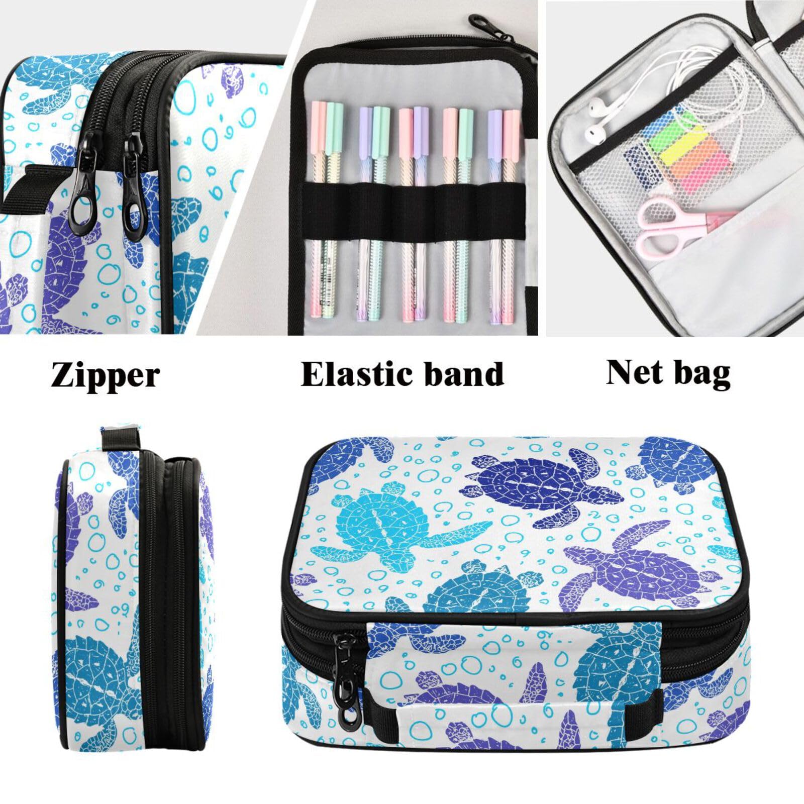 FOLIOSA Blue Sea Turtle Pencil Case Multiple Elastic Slots Holds 64 Watercolor Pens or 96 Colored Pencils Waterproof Large Capacity 10×7.7×3.5 in