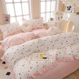 MKXI Strawberry Comforter Set Twin XL Pink White Floral Comforters Kawaii Fruits Artistic Bedding Set Princess Twin Bed Comforter with Ruffles Girls Pink Flowers Bedding Comforter Duvet Set