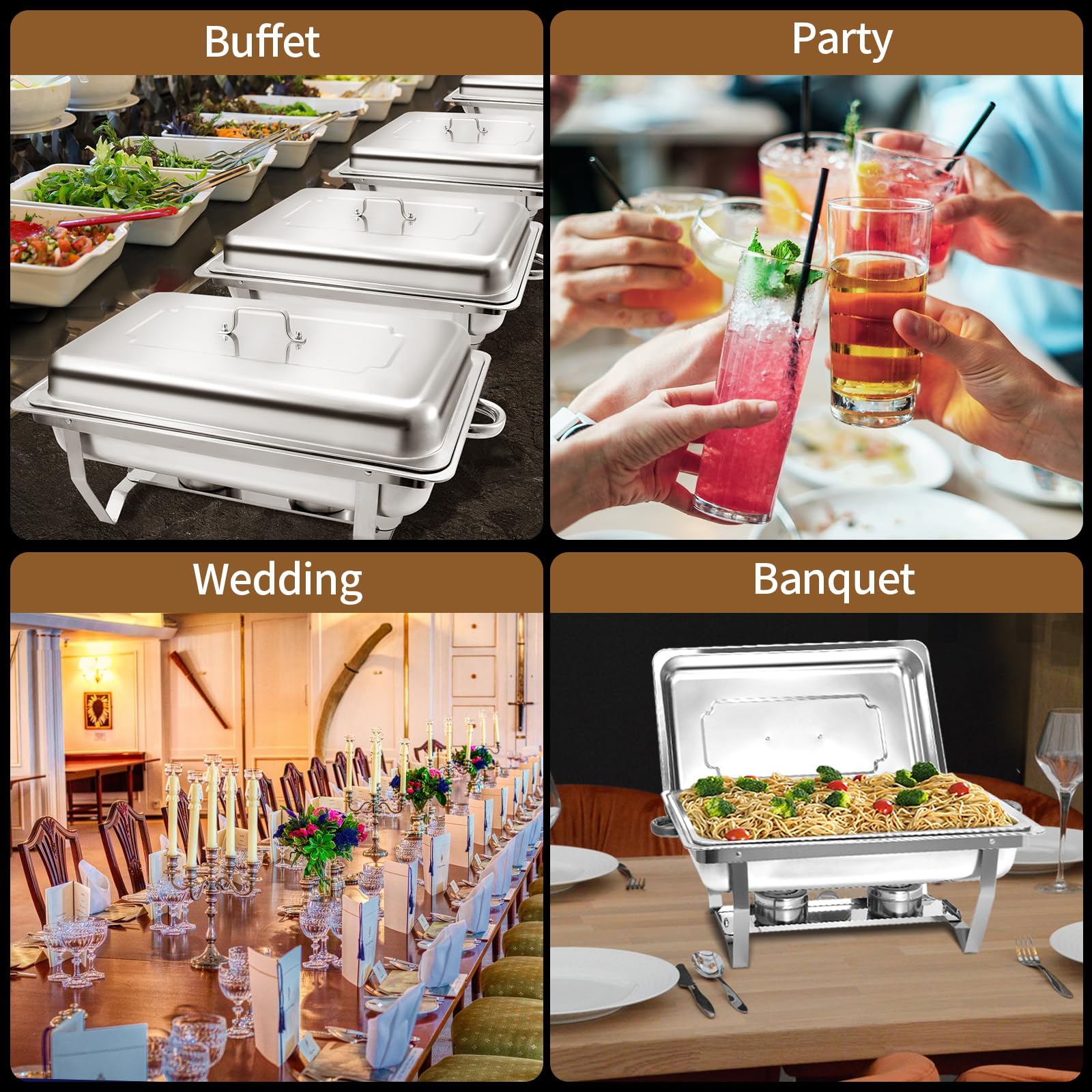 Jacgood 8 Qt 4 Pack Full Size Stainless Steel Chafing Dishes Buffet Set, Silver Rectangular Catering Chafer Warmer Set with Trays Pan Lid Folding Frame Stand for Kitchen Party Banquet Dining