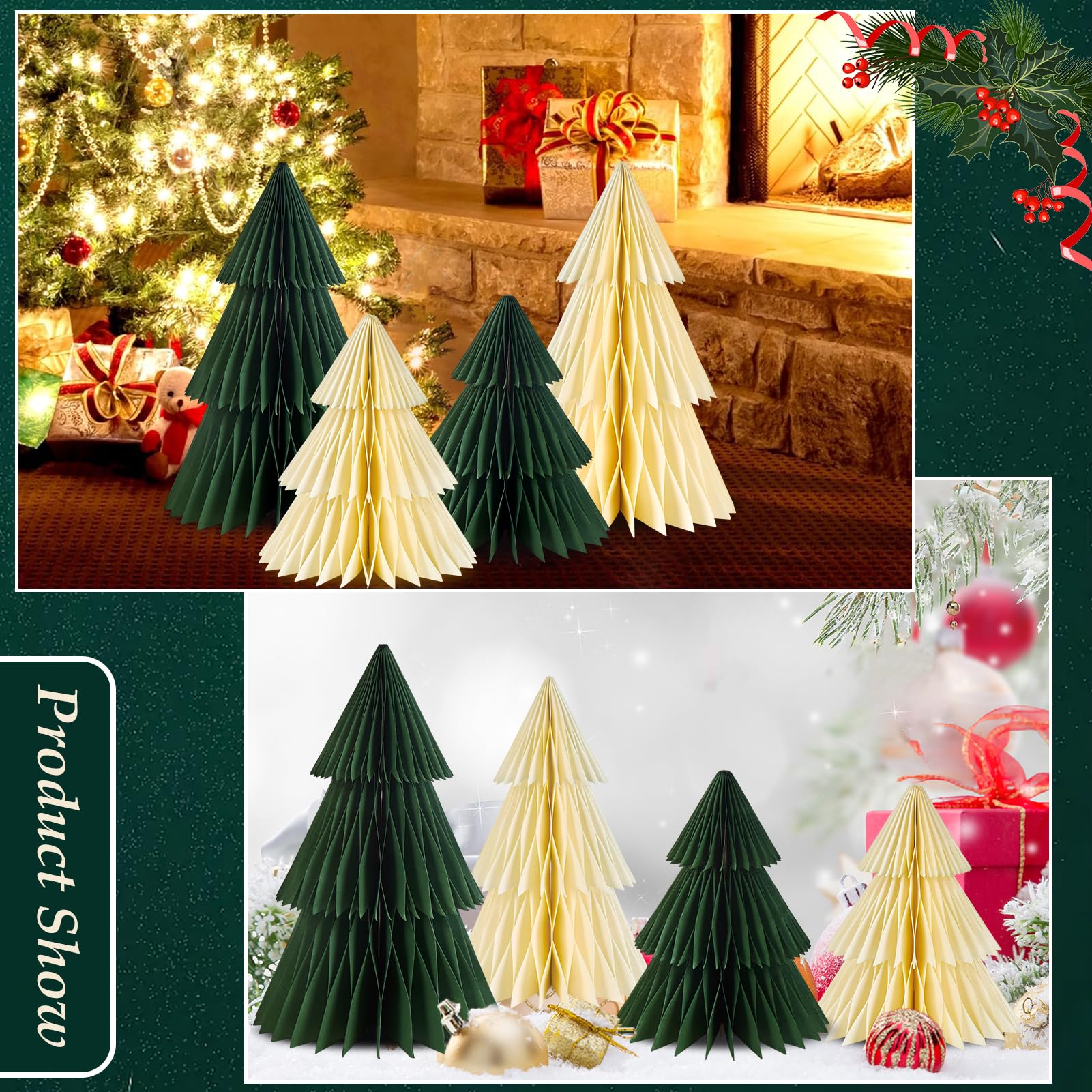 Homarkable 4 Pcs Paper Christmas Tree, Paper Christmas Ornaments, 3D Honeycomb Xmas Paper Trees, Christmas Party Decorations, Christmas Holiday, Christmas Centerpiece