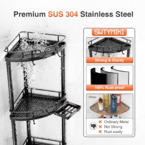 SWTYMIKI Corner Shower Caddy Standing - 3 Tier Stainless Steel Shower Organizer Stand with 4 Hooks & Soap Holder, Rustproof Metal Standing Tall Floor Shower Shelf and Bathroom Organizer, Black