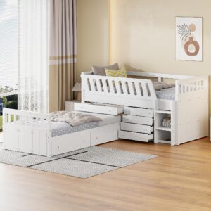 meritline twin size low loft bed and twin platform bed set, solid wood l-shaped kids beds frame with 7 storage drawers and full guardrails, space-saving 2 beds for girls boys,white