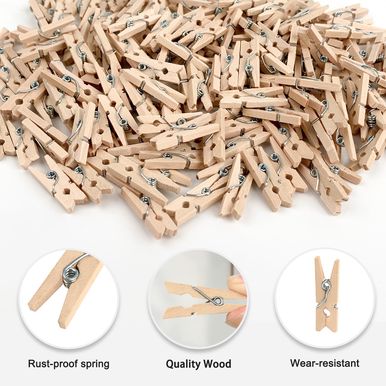 KTOJOY Mini Wooden Clothes Pins, 200 Pack, 1 Inch, Natural Birchwood Clothespins with 33 FT Jute Twine, Moisture Resistant Clothes Pegs, Heavy Duty Wooden Clothespins for Craft, Pictures