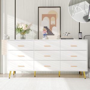 jiteentarou 9 drawer dresser for bedroom, 63” long dresser with charging station, modern chest of wide drawers with gold handles & storage pocket, wood dresser for kids bedroom, hallway, white