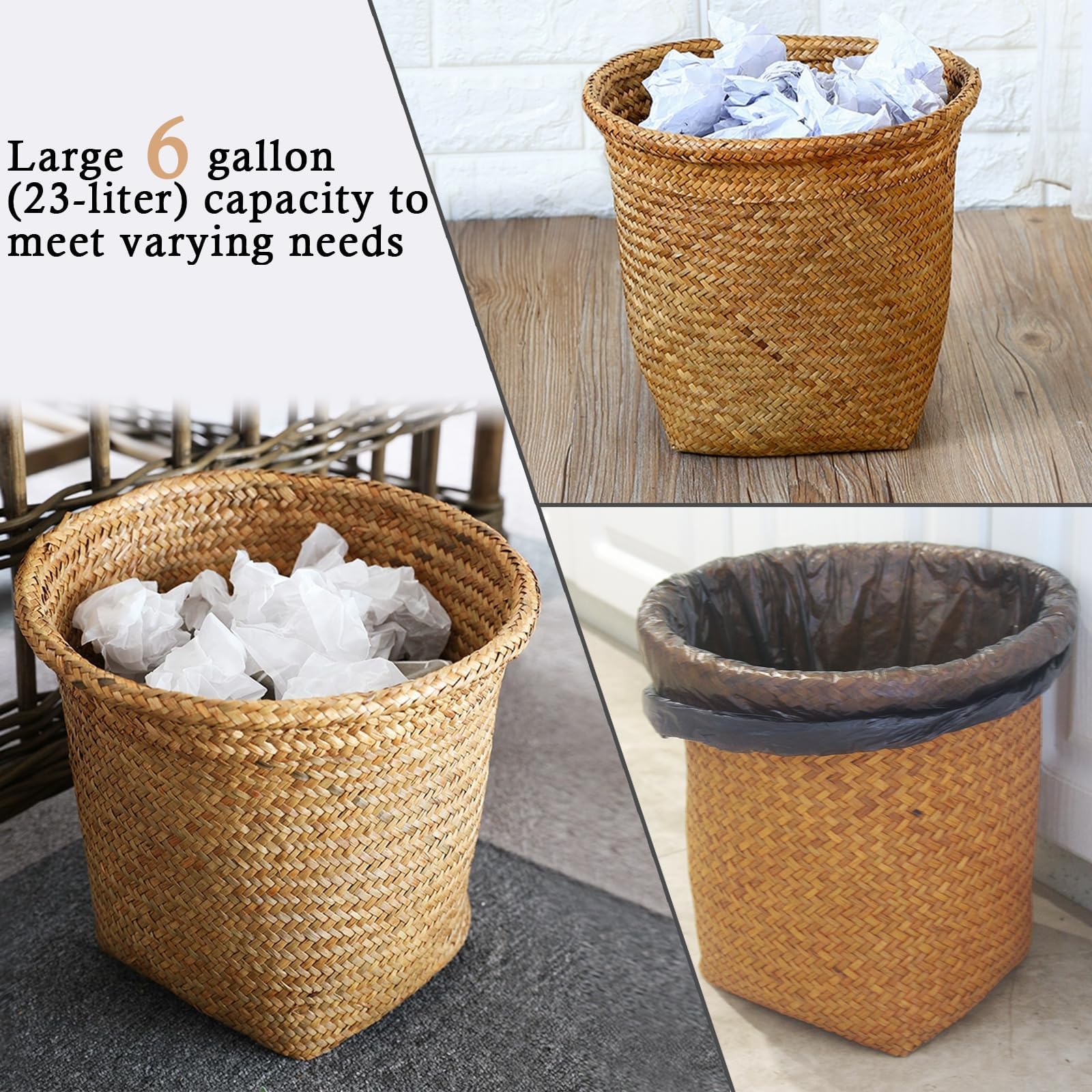 Natural Seagrass Woven Trash Can – 23L (6 Gal) Wicker Waste Basket for Bathroom, Living Room, Office Durable and Compact Design, Small Round Wastebasket Garbage Bin for Organizing and Home Decor