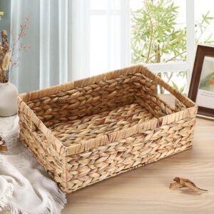 GUSHBIN Woven Open Storage Bins Large Wicker Shelf Basket with Built-in Handles Natural Water Hyacinth Storage Baskets for Toiletries Books Fruits Organizing,15 x 10.2 x 5 inches