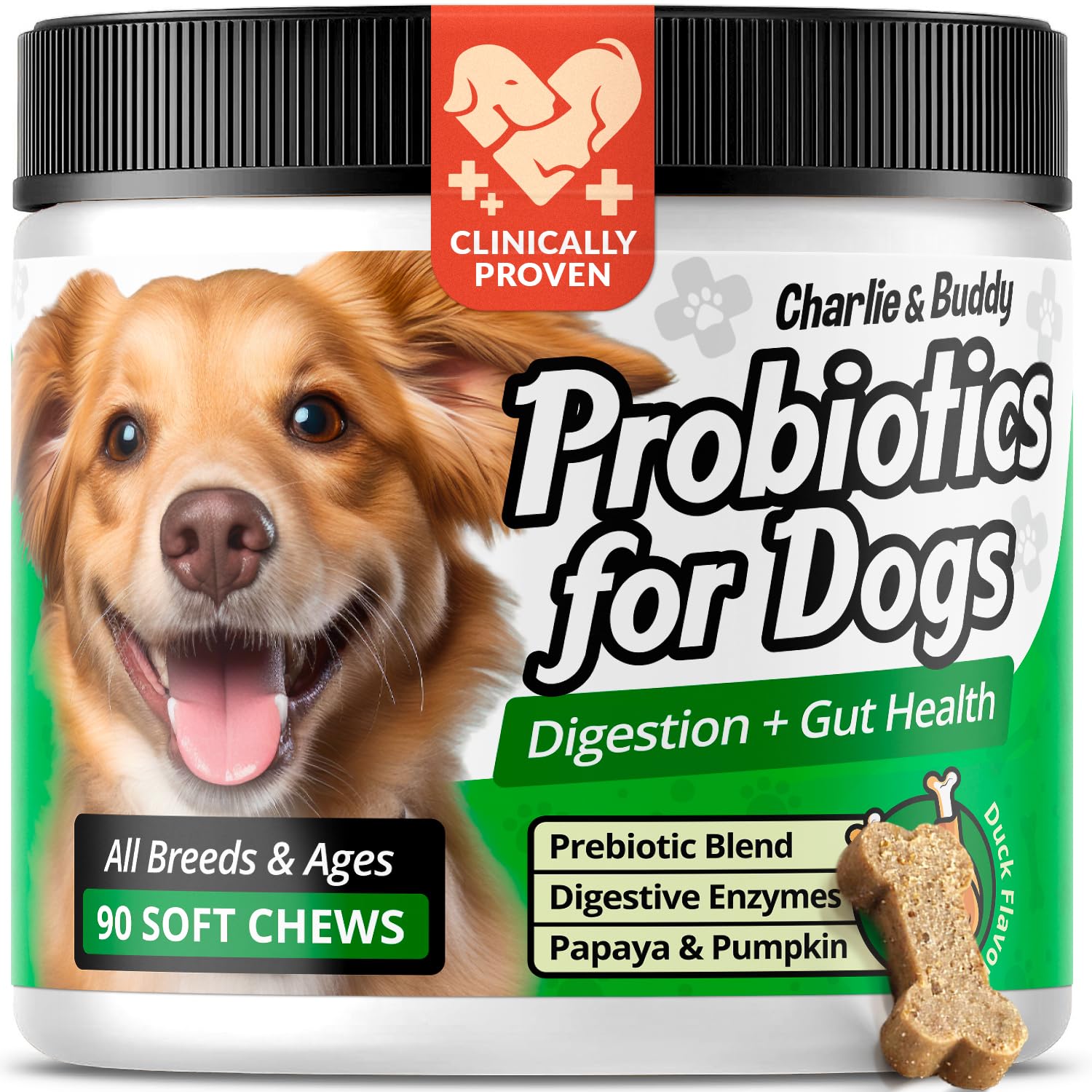 Charlie & Buddy Pet Probiotics for Dogs Aid Gut Flora, Dog Probiotics for Digestive Health with Digestive Enzymes, Pumpkin, and Papaya for Upset Stomach, 90 Soft Probiotic Chews for Dogs, Duck Flavor