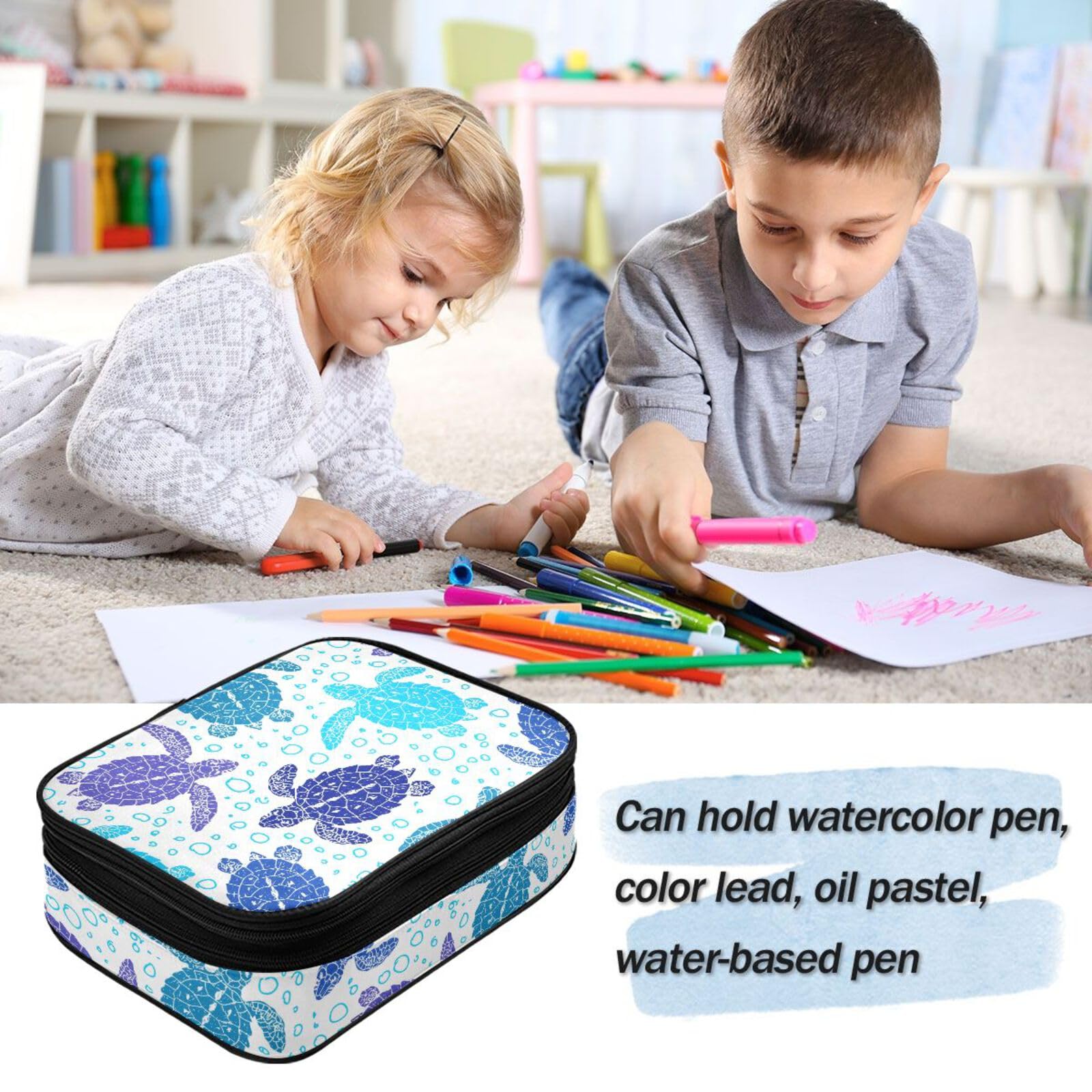 FOLIOSA Blue Sea Turtle Pencil Case Multiple Elastic Slots Holds 64 Watercolor Pens or 96 Colored Pencils Waterproof Large Capacity 10×7.7×3.5 in