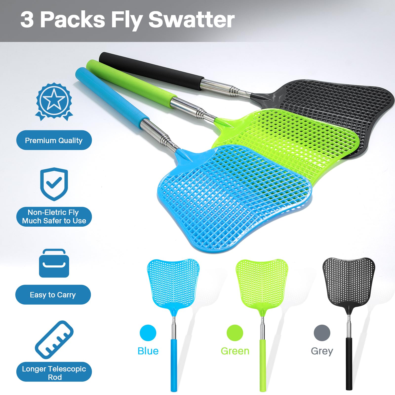 Telescopic Fly Swatter, Hiway 3 Pack Fly Swatter for Indoors Plastic Flyswatter Heavy Duty with Stainless Steel Telescopic Handle