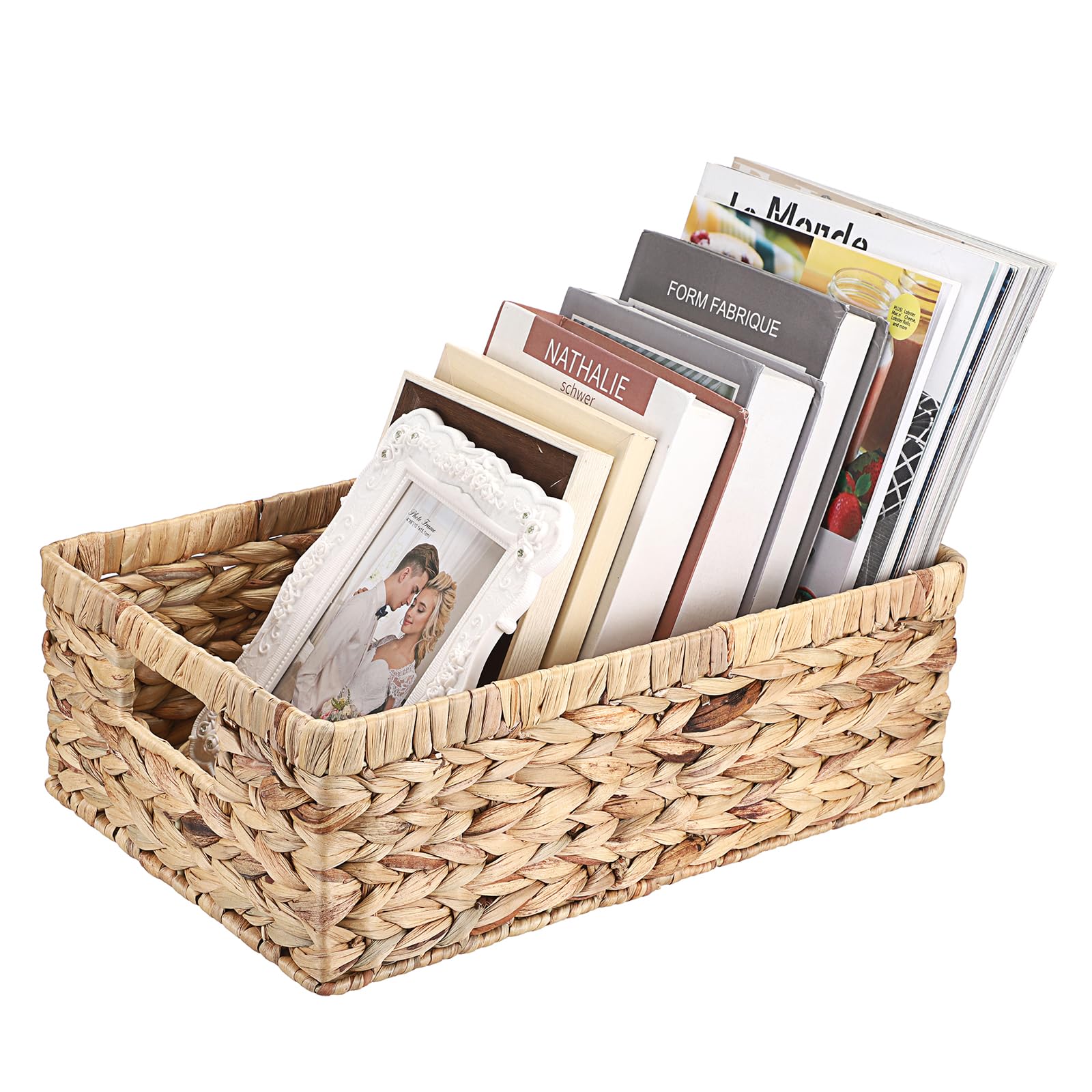 GUSHBIN Woven Open Storage Bins Large Wicker Shelf Basket with Built-in Handles Natural Water Hyacinth Storage Baskets for Toiletries Books Fruits Organizing,15 x 10.2 x 5 inches