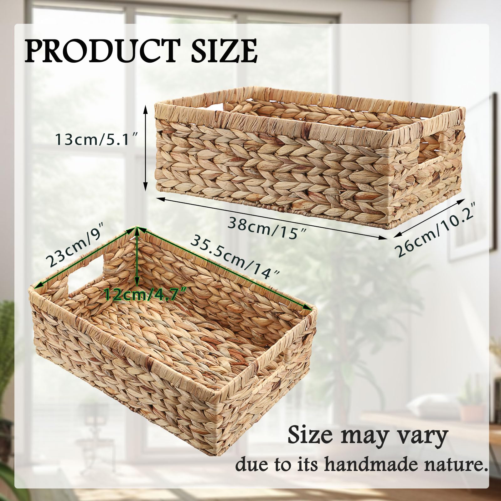 GUSHBIN Woven Open Storage Bins Large Wicker Shelf Basket with Built-in Handles Natural Water Hyacinth Storage Baskets for Toiletries Books Fruits Organizing,15 x 10.2 x 5 inches