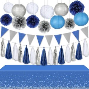 navy blue white silver graduation party decorations 30pcs birthday blue white banner paper lanterns tissue pom poms garland streamers dot tablecloth for boy girl baby bridal shower wedding supplies