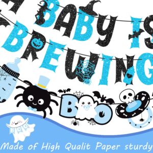 Halloween A Baby Is Brewing Banner Halloween Baby Shower Party Decorations 3pcs Blue and Black A Baby Is Brewing Banners for Boy Halloween Party Spooky Ghost Boo Theme Party Pumpkin Bat Witch Theme Baby Shower Supplies