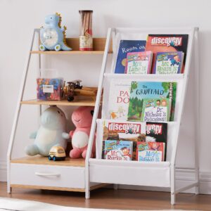 kids bookshelf and toy organizer, 3 tier bookshelf for kids, montessori bookcase book shelf for kids rooms, bedroom, playroom, nursery, toy storage organizer with bookshelf (natural)