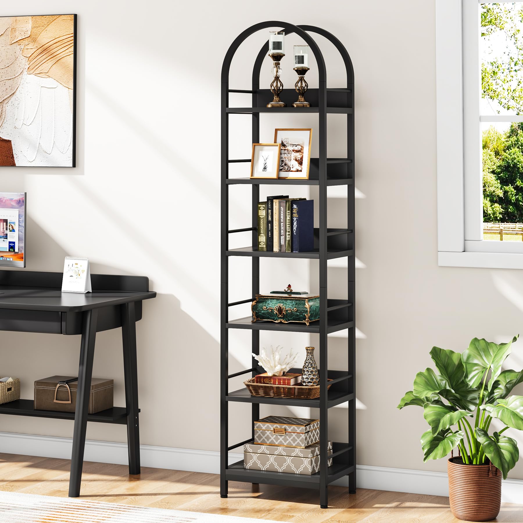 Tribesigns 78.7" Tall Bookshelf, Industrial Wood 6-Tier Bookcase, Arched Narrow Bookshelf, Ladder Shelf Storage Organizer, Display Shelf with Metal Frame for Bedroom, Living Room, Black