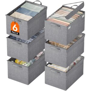 lifewit fabric storage boxes 6 pcs, stackable storage bins with clear lids, foldable oxford cloth cube closet organizer baskets, clothes containers for towels, blankets, books, light grey-large