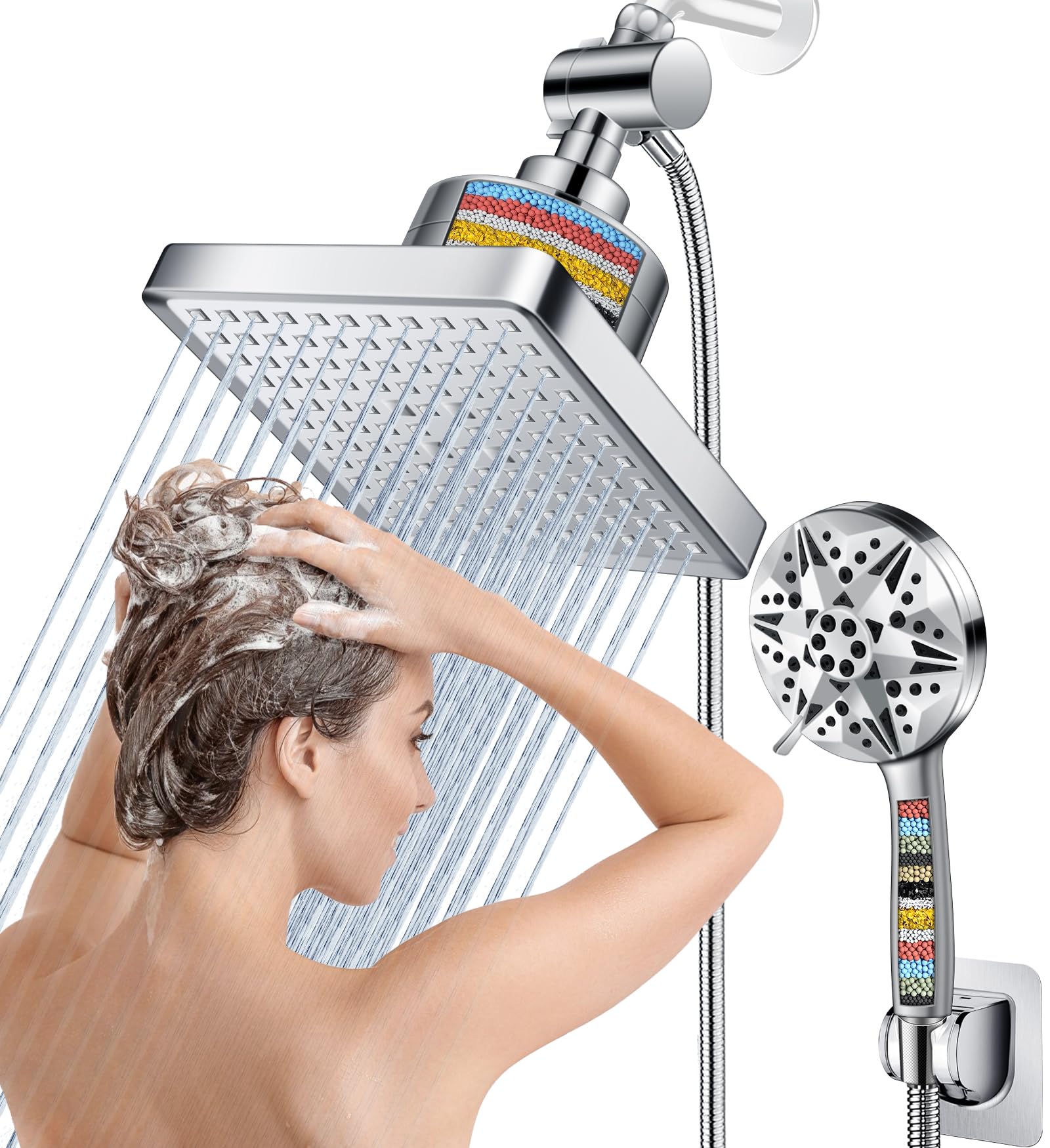 Dual Filtered Rain Shower Head Combo, High Pressure 9 Modes Handheld Shower Head Built in Power Spray, 6 inch Rainfall Shower Head with Filter for Hard Water