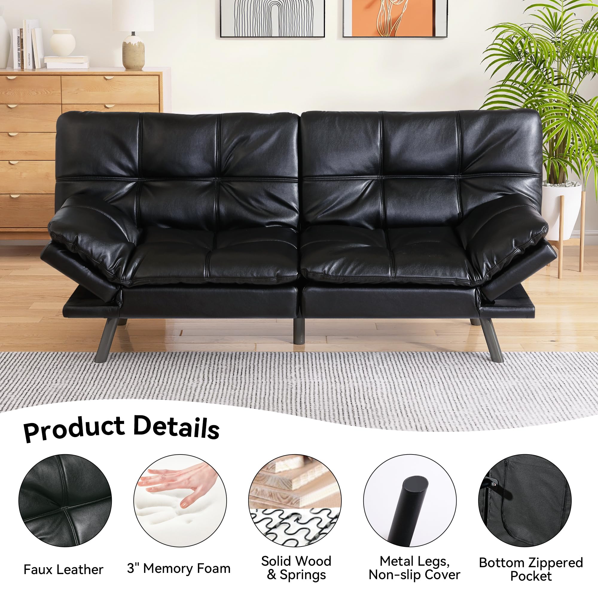 AMICLIBER Memory Foam Faux Leather Futon Sofa Bed Couch,Convertible Futon Sofa Couch,Loveseat Sleeper Sofa Bed,Small Splitback Modern Sofa Bed for Living Room,Office,Apartment,Bright Black