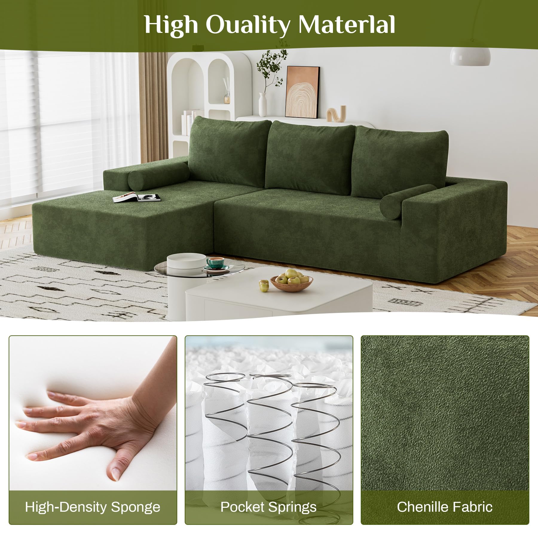 Nolohoo L-Shape Modular Sectional Sofa Couch, 105.2" Comfy Cloud Couch Deep Seat with Chaise Lounge, Modern Corner Sofa Upholstered Chenille 5 Seater Couches for Living Room, Green