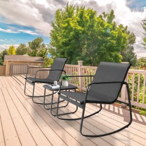 SUNCROWN 3-Piece Outdoor Rocking Bistro Set, Outdoor Furniture Set with Patio Rocking Chairs, and Glass-Top Table, Small Conversation Set of 3 for Porch, Lawn, Garden, Yard, Balcony, Poolside -Black