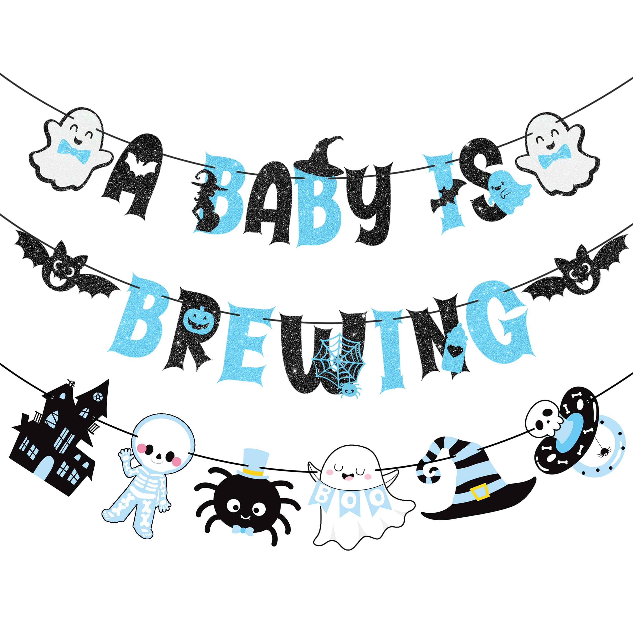 Halloween A Baby Is Brewing Banner Halloween Baby Shower Party Decorations 3pcs Blue and Black A Baby Is Brewing Banners for Boy Halloween Party Spooky Ghost Boo Theme Party Pumpkin Bat Witch Theme Baby Shower Supplies