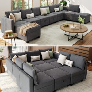 IDEALHOUSE Sectional Sofa with Storage Seat, 9 Seat U Shaped Couches for Living Room - Ice-Velvet Fabric Modular Sectional Couch Soft Sponges & High Supportive Sofa Couch with 2 Ottomans